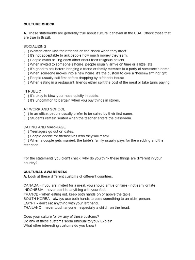 CULTURE CHECK - Exercises | PDF