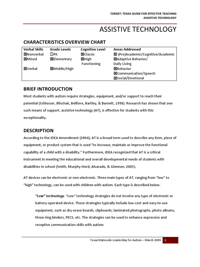 Assistive Technology: Characteristics Chart | PDF | Autism | Special ...