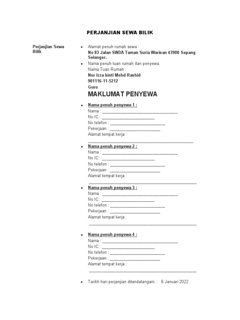 Perjanjian Sewa Bilik di Sepang | PDF