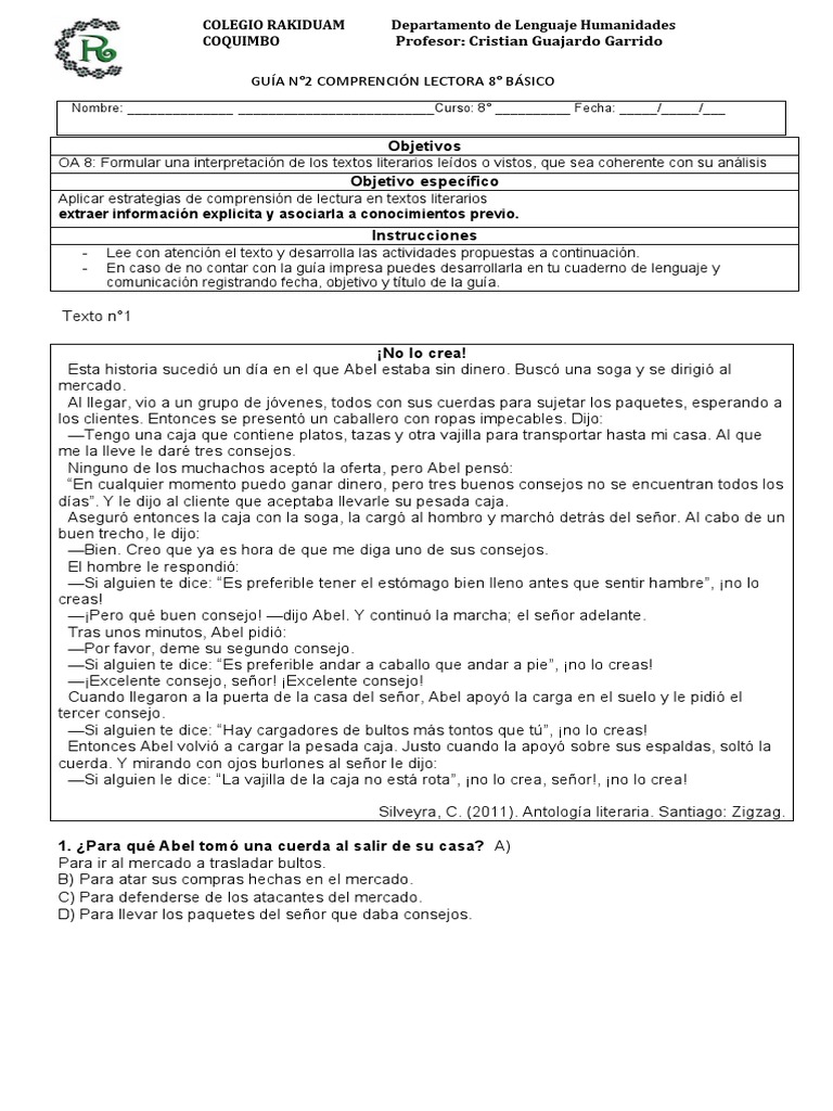 Guía de Comprensión Lectora 8° Básico | PDF