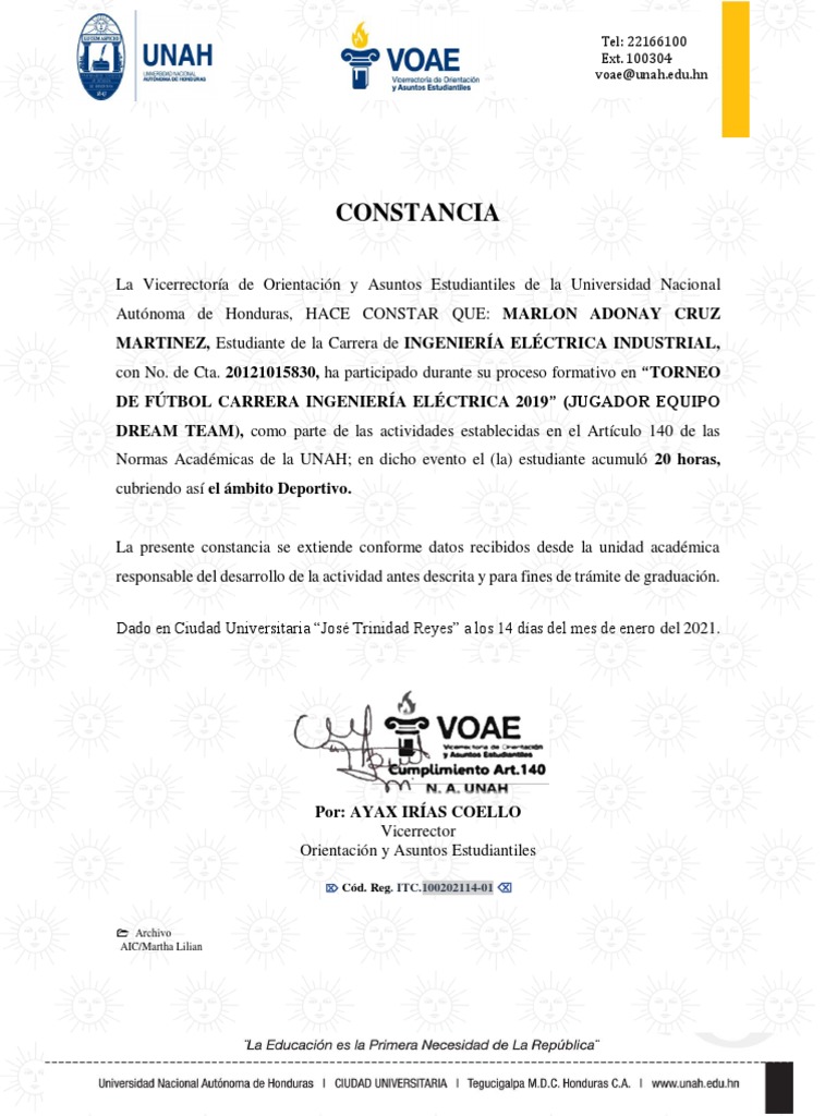 Constancia: Tel: 22166100 Ext. 100304 Voae@unah - Edu.hn | PDF