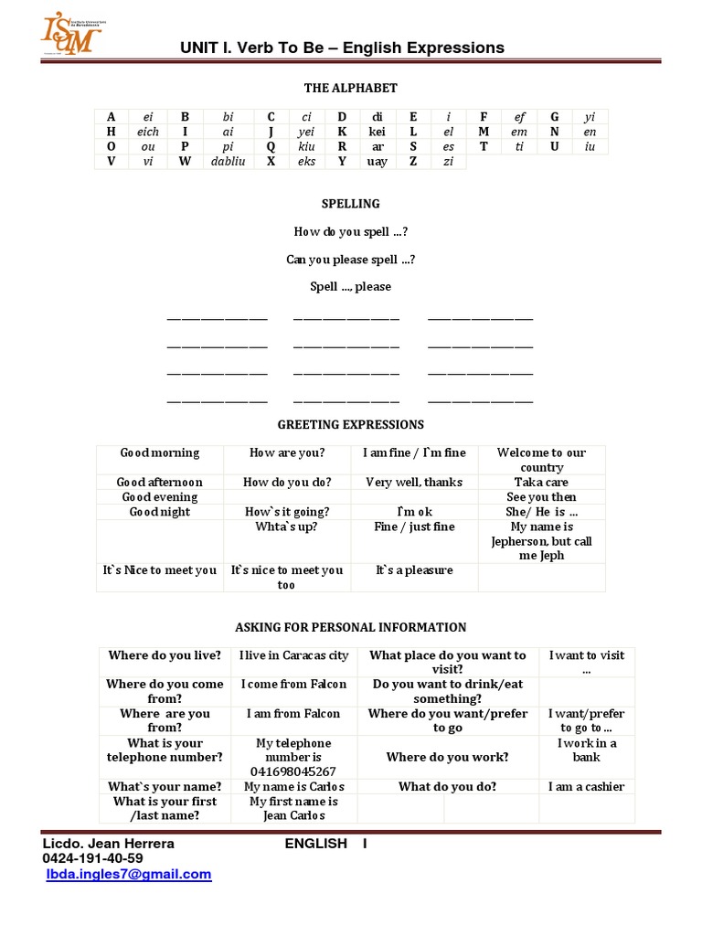 UNIT I. Verb To Be - English Expressions: Ei Bi Ci I Ef Yi Eich Ai Yei ...