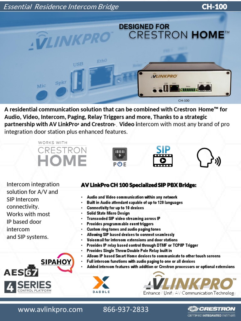 Integration Door Station Plus Enhanced Features.: Av Linkpro CH 100 Specialized Sip PBX Bridge ...