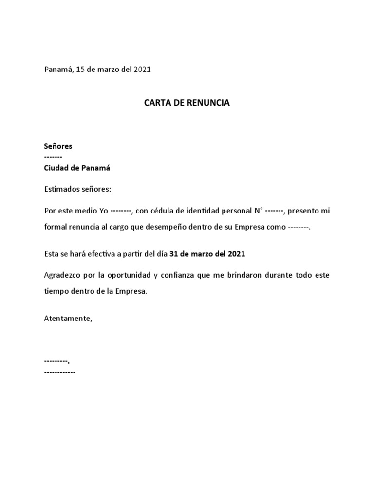 Modelo de carta de renuncia Panamá | PDF
