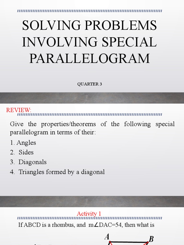 Solving Problems Involving Special Parallelogram: Quarter 3 | PDF | Rectangle | Euclidean Plane ...