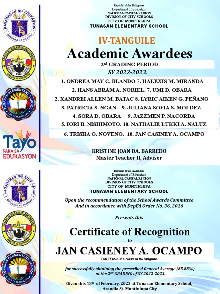 ACADEMIC EXCELLENCE AWARD Tanguile | PDF | Governance | Government ...