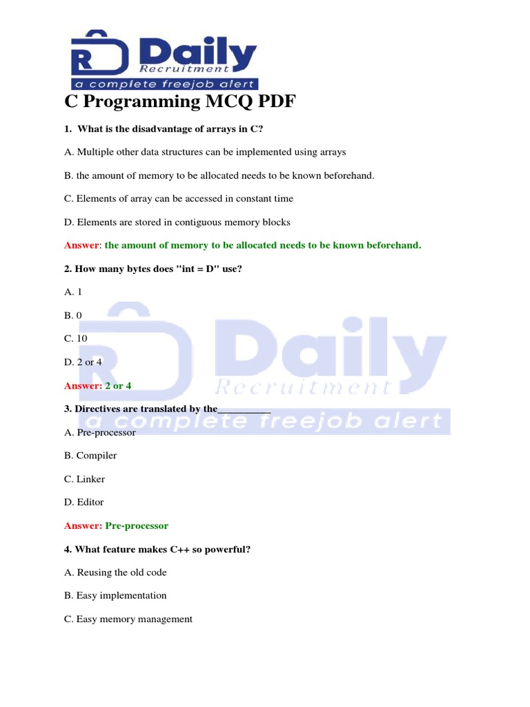 C Programming Mcq Pdf Download Free Pdf Pointer Computer Programming Computer Science 2823