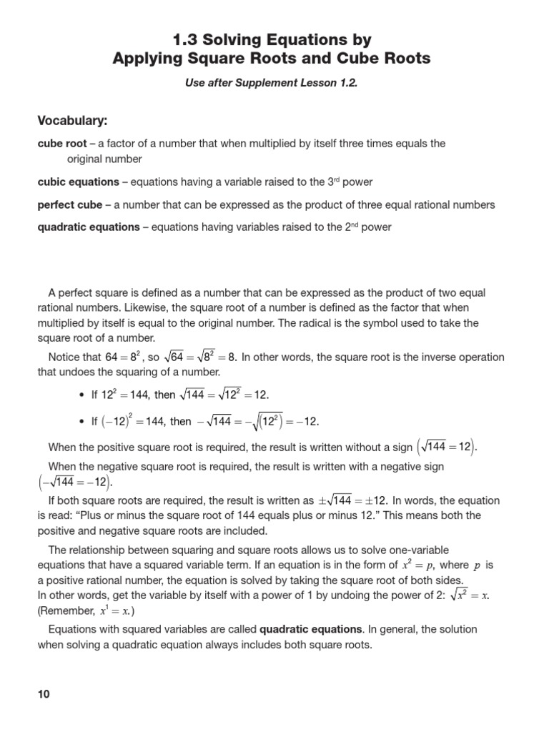 1.3 Solving Equations by Applying Square Roots and Cube Roots | PDF ...