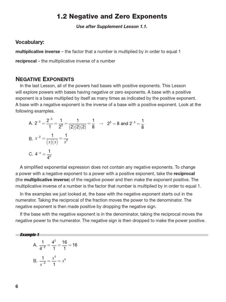 1.2 Negative and Zero Exponents | PDF | Exponentiation | Mathematical ...