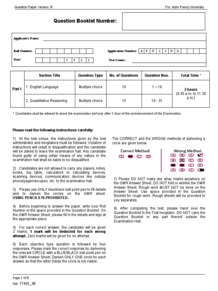 Question Booklet Number:: Section Title Question Type No. of Questions Question Nos. Total Time ...