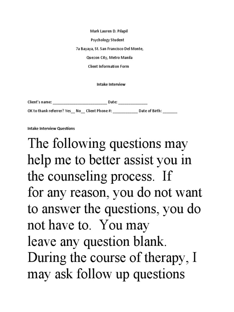 Intake Interview | PDF | Mental Health | Psychology
