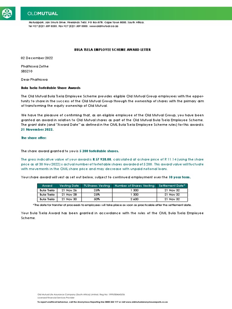 Bula Tsela Employee Scheme Award Letter: 21 November 2022. The Share ...
