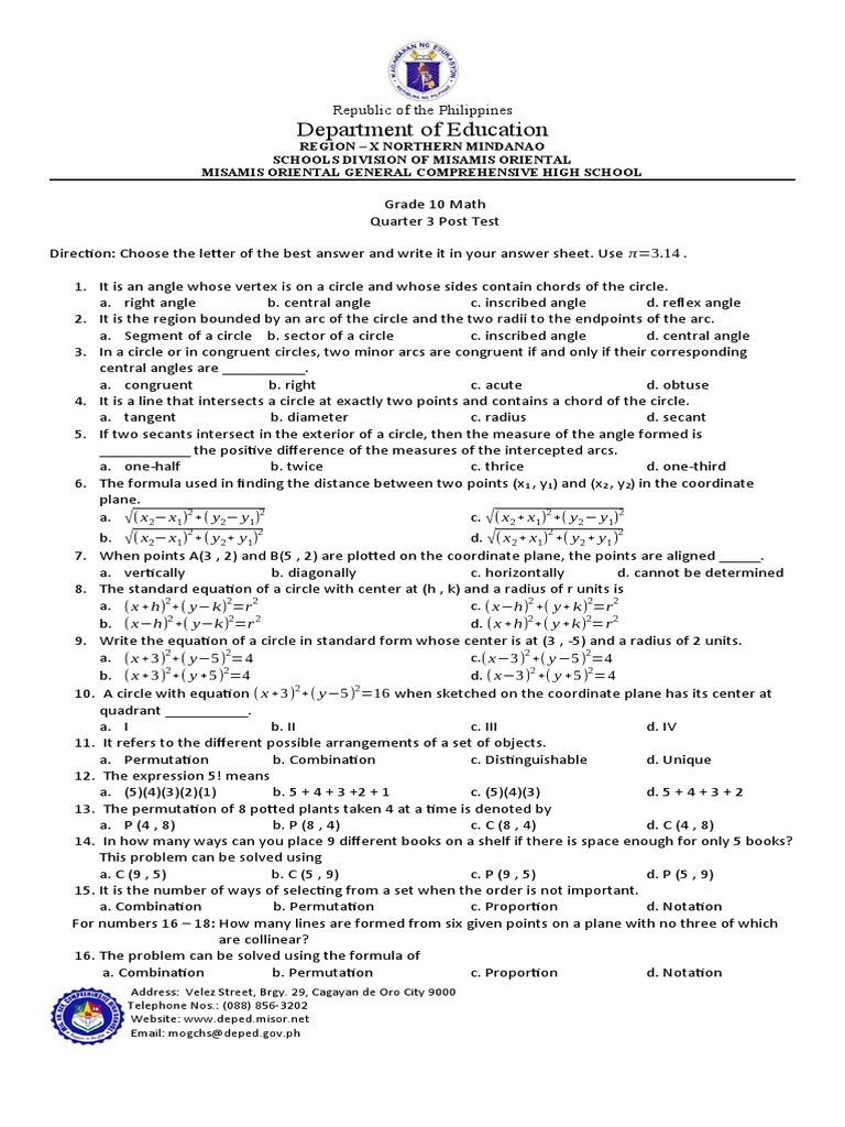 G10 Q3 Math Post Test | PDF