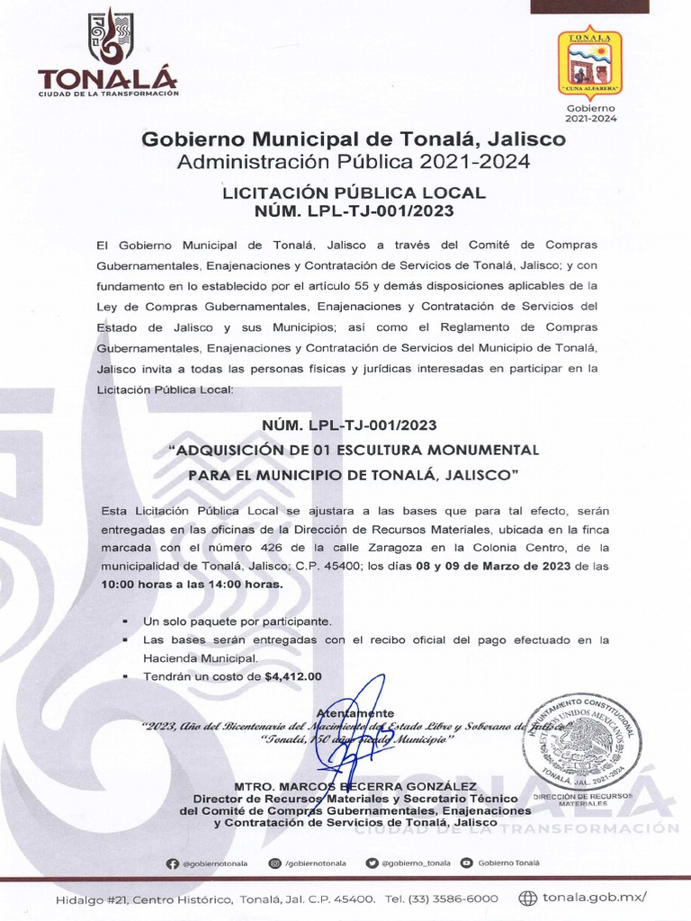 Convocatoria-Licitacion-Publica-Local-NUM.-LPL-TJ-001-2023-01-Escutlura-Monumental | PDF