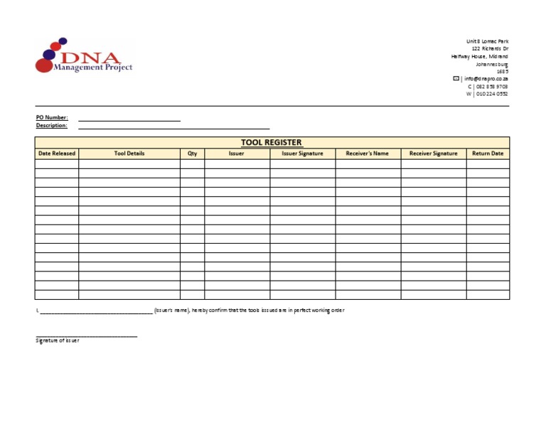 Tool Issuance Register Template | PDF