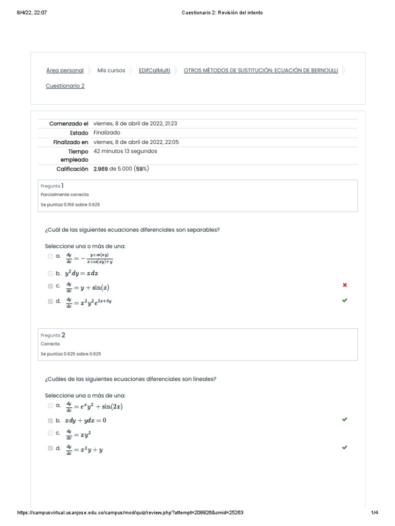 Cuestionario 2 - Revisión Ecuaciones Diferenciales | PDF | Conceptos matemáticos | Calculo ...