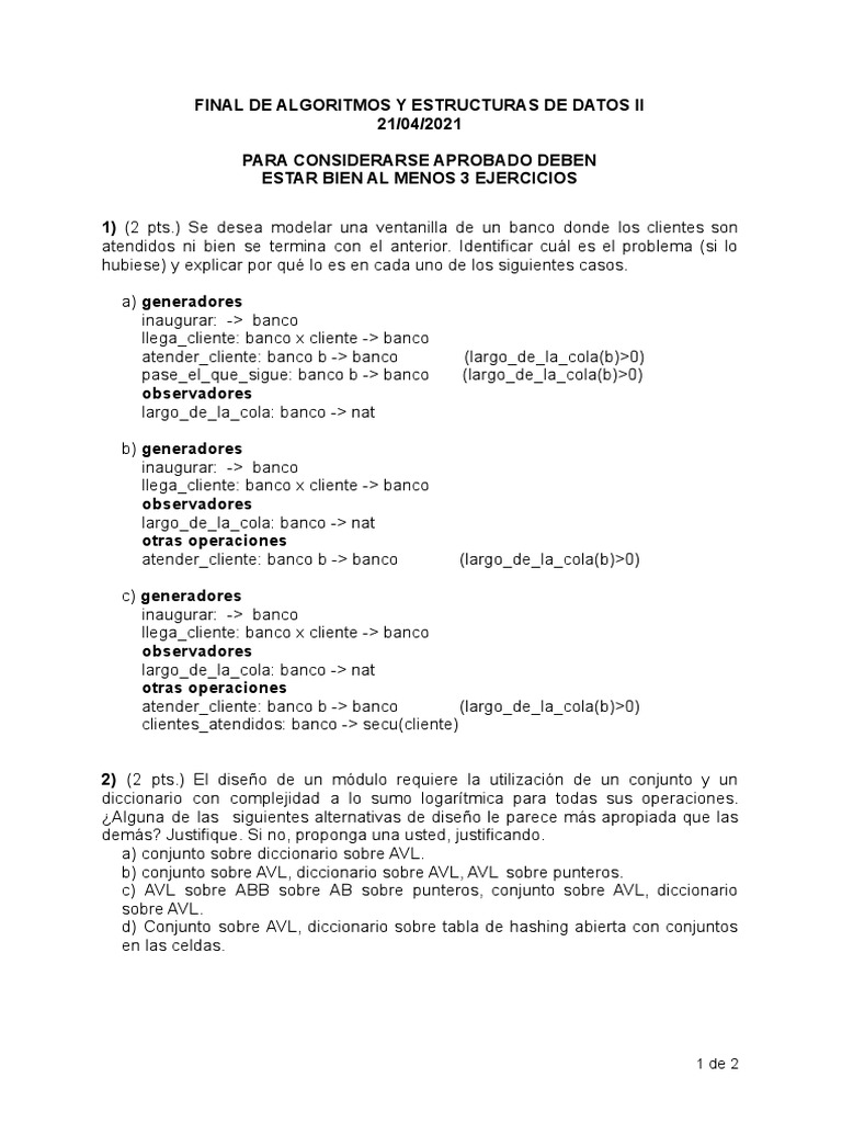 AED2 Final 21-04-21 | PDF | Algoritmos | Algoritmos y Estructuras de Datos