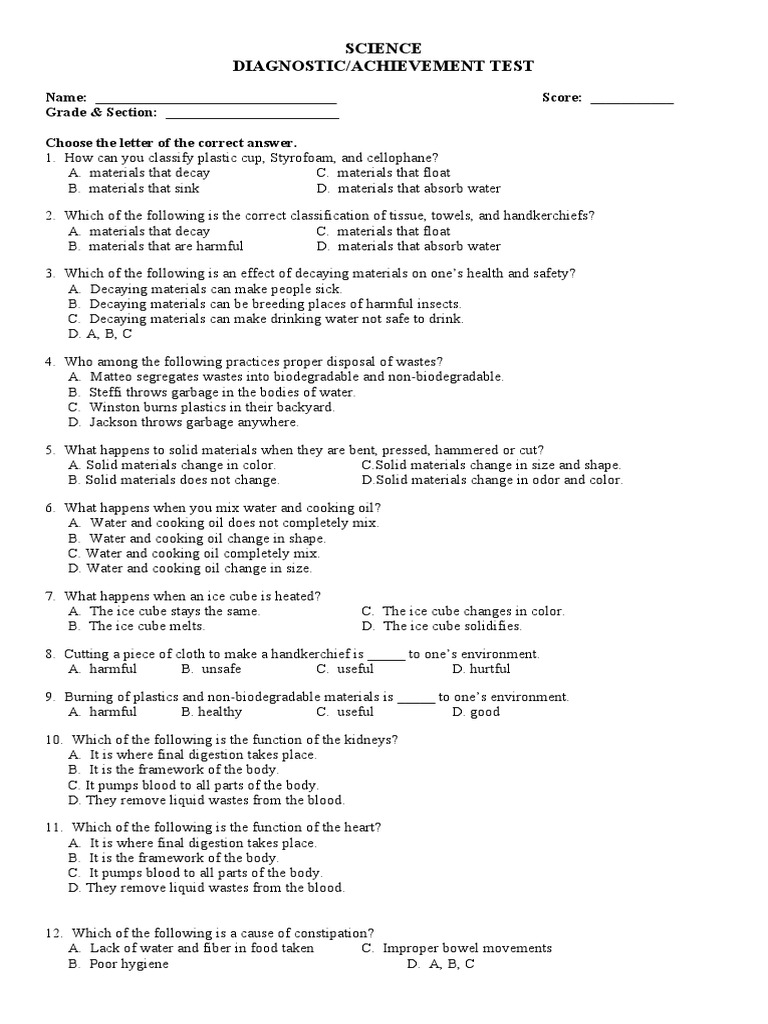 Pre-Test - Science 4 | PDF | Shadow | Water