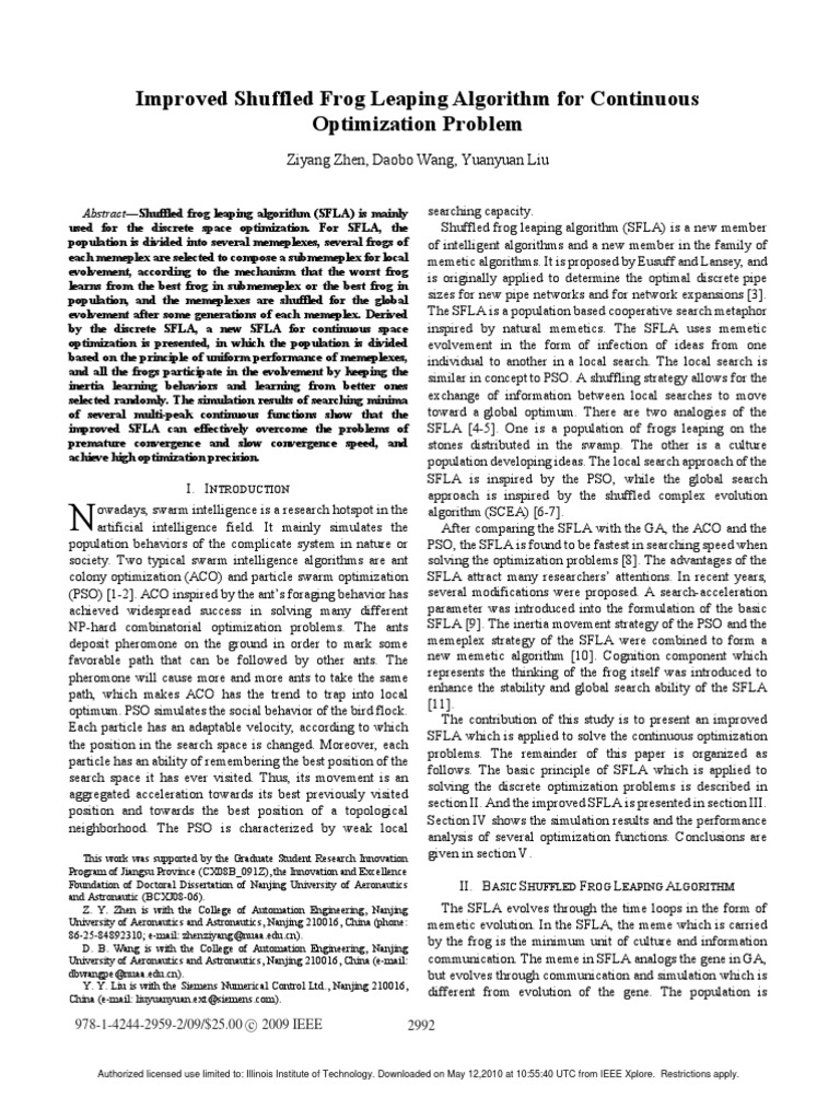 Improved Shuffled Frog Leaping Algorithm For Continuous Optimization Problem Pdf