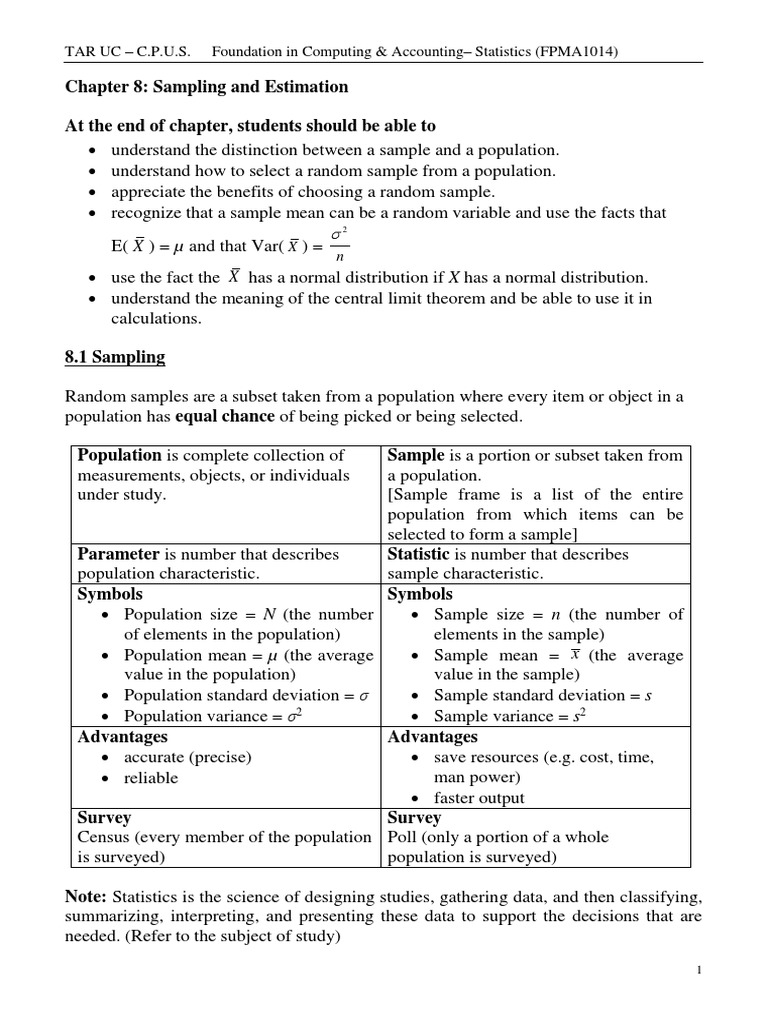 Chapter 8 Sampling and Estimation | PDF | Estimator | Variance