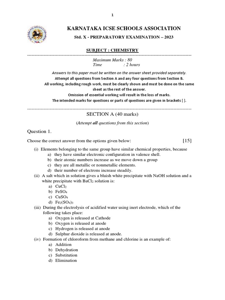 Karnataka Icse Schools Association Section A 40 Marks Pdf Acid