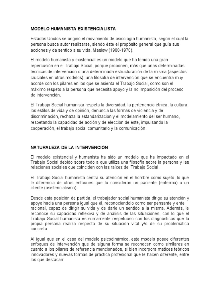 Modelo Humanista Existencialista | PDF | Trabajo Social | Sicología