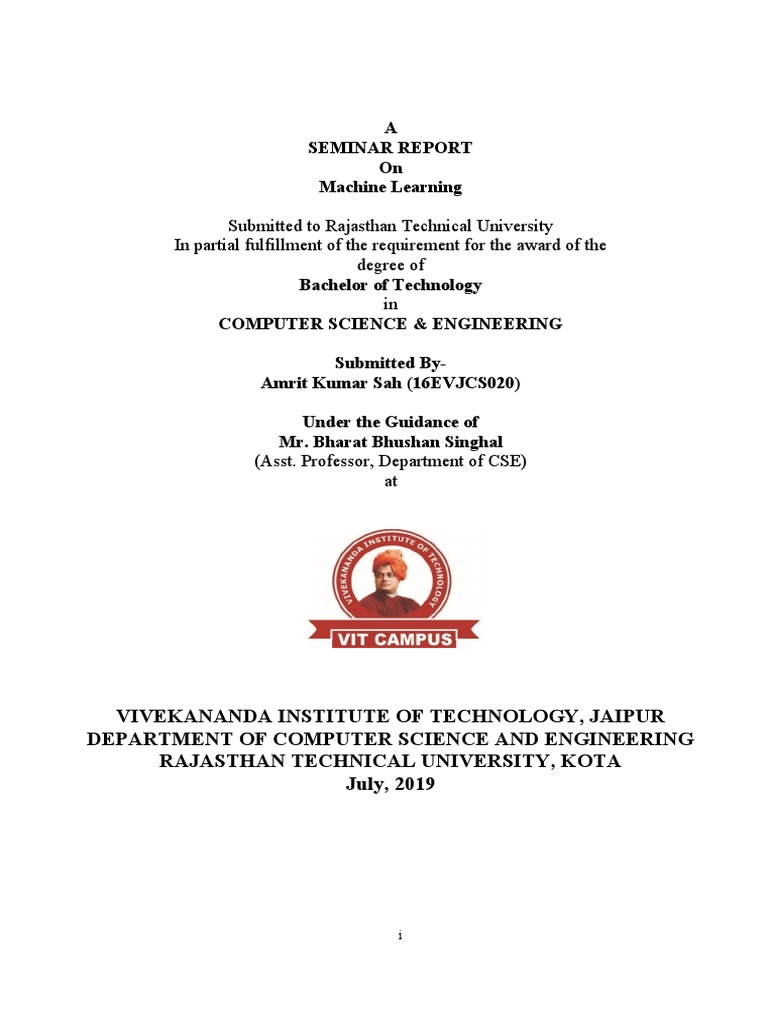 A SEMINAR REPORT On Machine Learning | PDF | Machine Learning | Cognitive Science