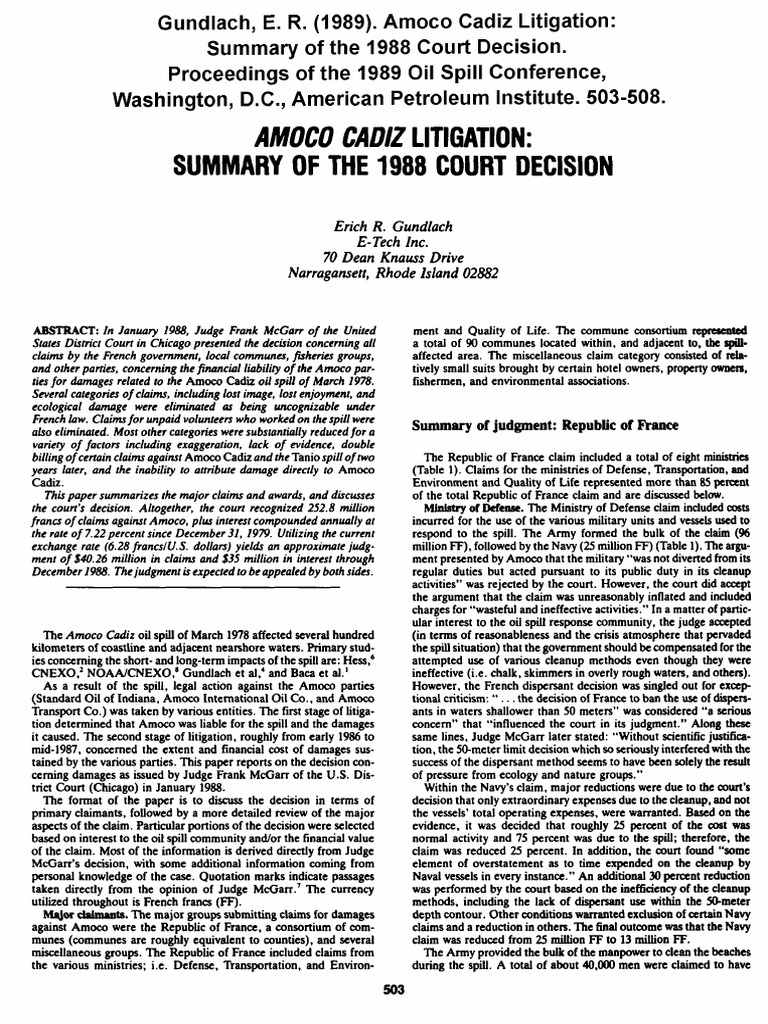 Amoco Cadiz 1988 Court Decision Summary | PDF | Oil Spill