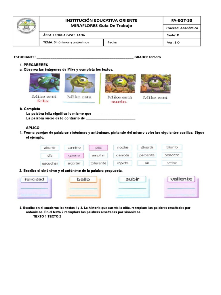 Guia 4 Sinonimos y Antonimos | PDF