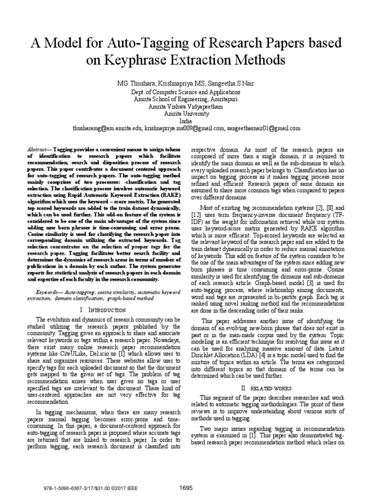 A Model For Auto-Tagging of Research Papers Based On Keyphrase Extraction Methods | PDF | Tag ...