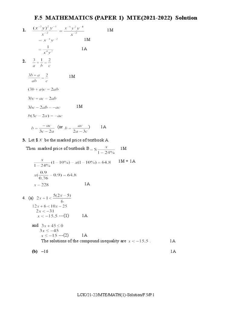F.5 MATHEMATICS (PAPER 1) MTE (2021-2022) Solution | PDF | Geometry | Mathematics