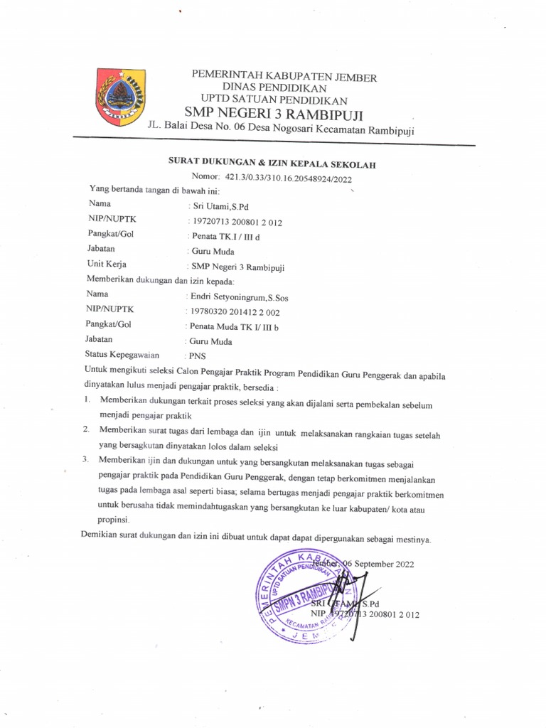 Surat Ijin Kepala Sekolah | PDF