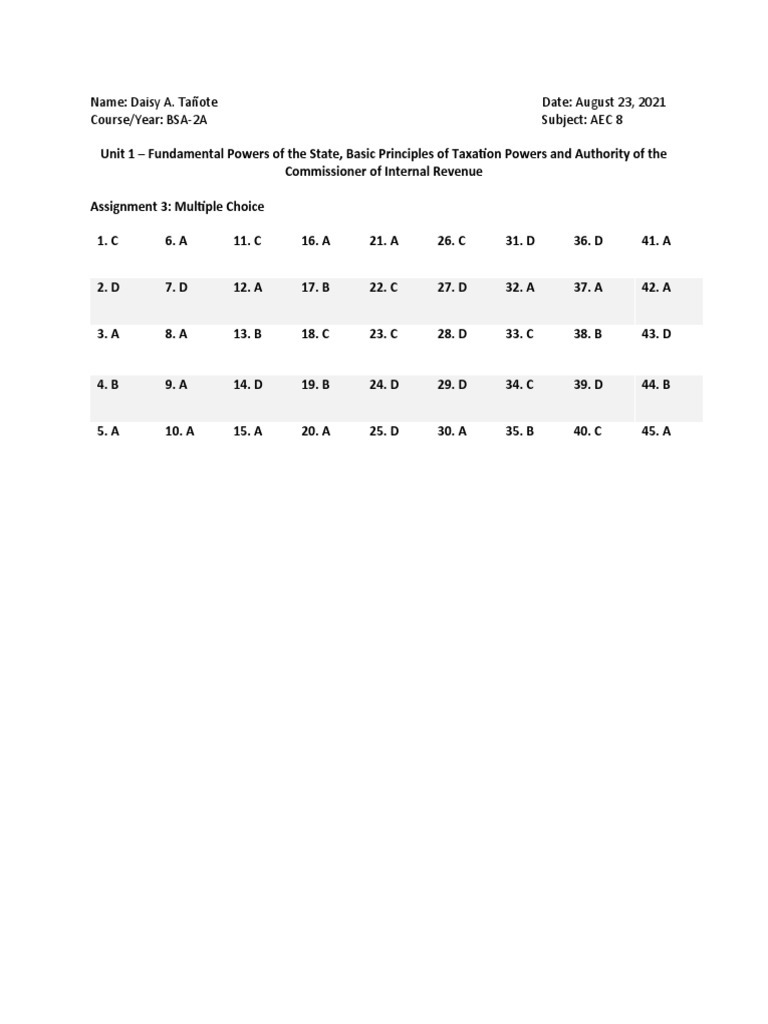 Taxation Principles MCQ Assignment | PDF