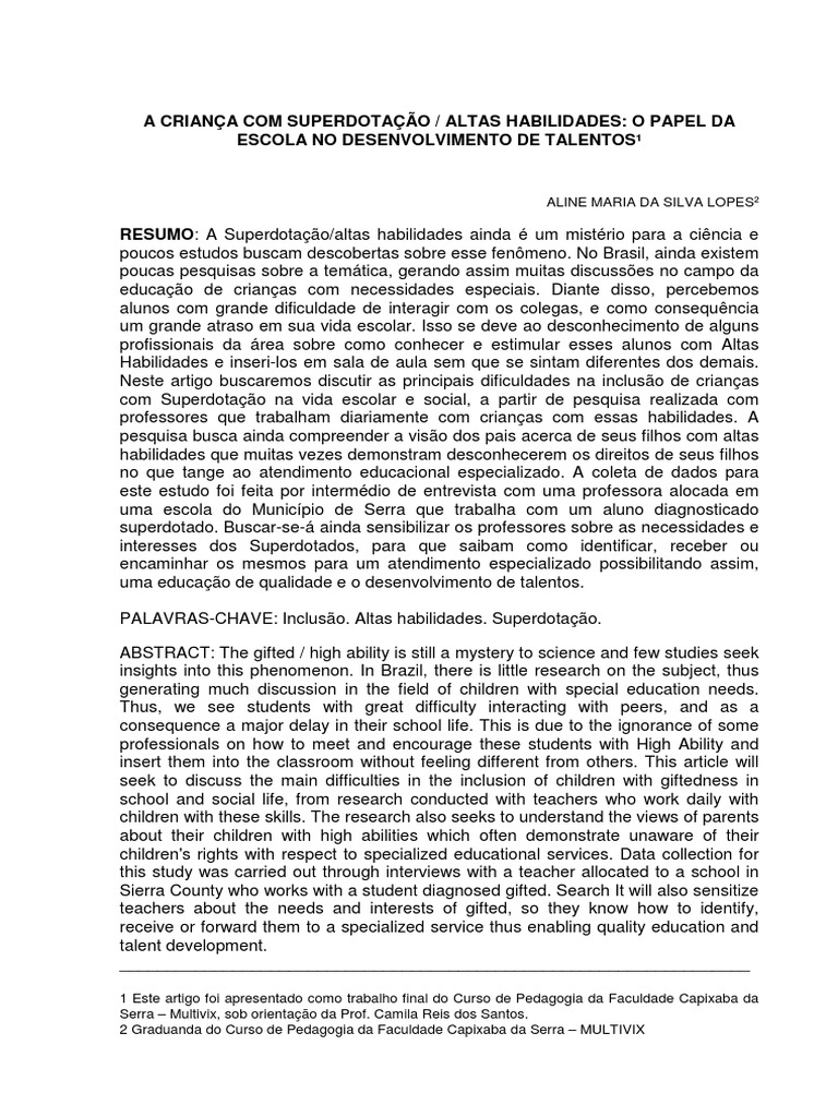 A Crianca Com Superdotacao Altas Habilidades o Papel Da Escola No ...