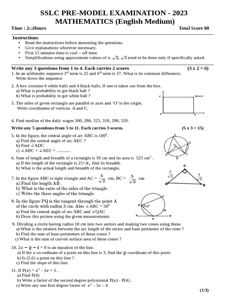 SSLC 2023 Pre-Model Maths Paper | PDF | Circle | Area
