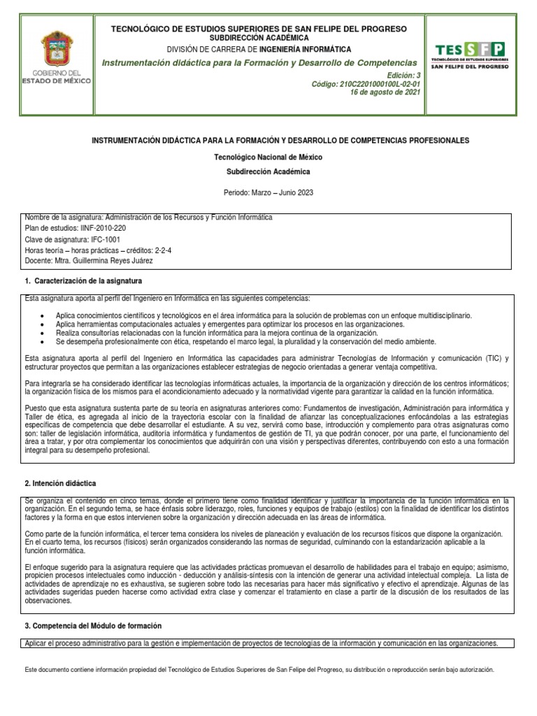 FO-205BE10101-01-03-02 Instrumentación Didáctica ARFIN | PDF | Informática | Evaluación