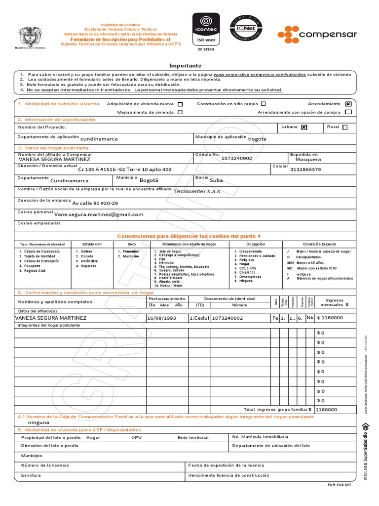 1073240902-Formulario Subsidio de Vivienda - Encrypted - Compensar | PDF | Privacidad de la ...