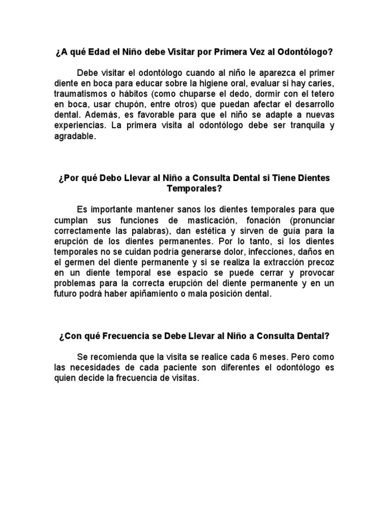 ¿A Qué Edad El Niño Debe Visitar Por Primera Vez Al Odontólogo? | PDF ...
