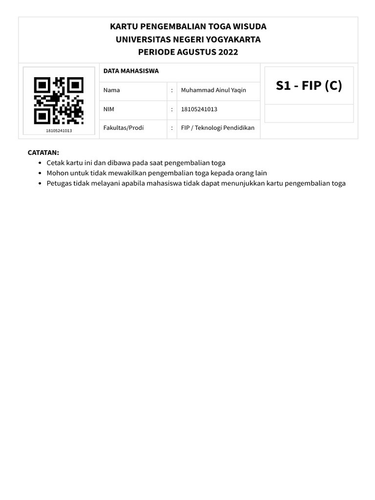 S1 - FIP (C) : Kartu Pengembalian Toga Wisuda Universitas Negeri Yogyakarta Periode Agustus 2022 ...