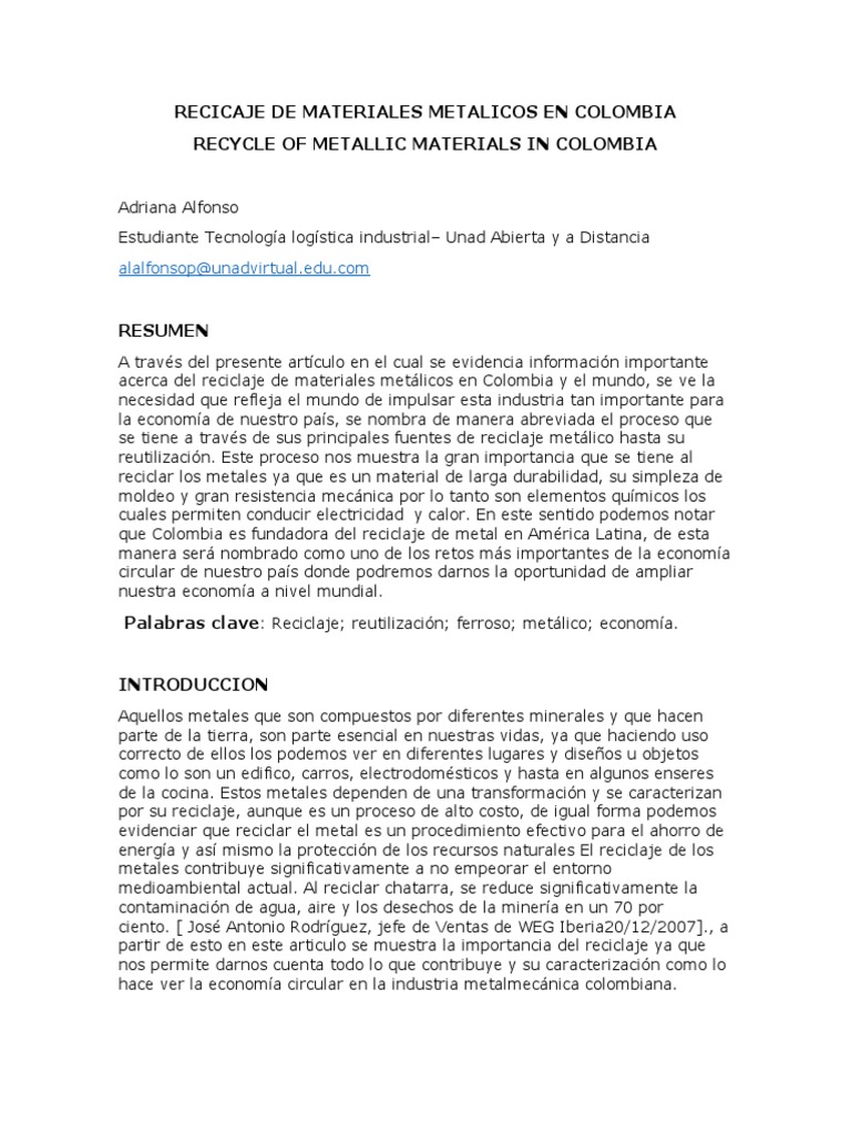 Recicaje de Materiales Metalicos en Colombia Recycle of Metallic Materials in Colombia | PDF ...