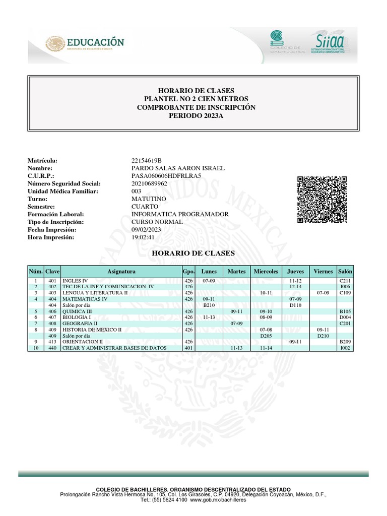 Horario de clases del alumno Aaron Israel Pardo Salas para el período 2023A en el Plantel No. 2 ...