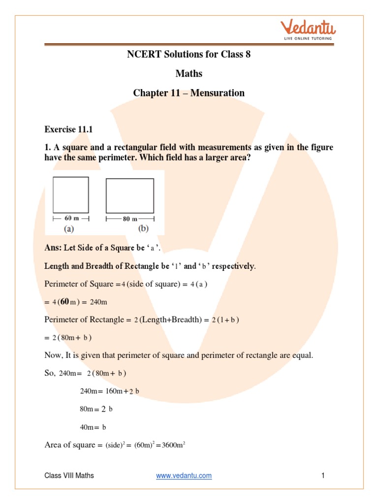 Class 8 Mensuration NCERT Solutions | PDF | Area | Volume