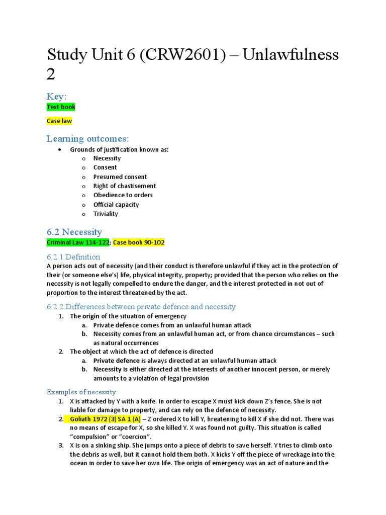 CRW2601 Study Unit 6 Unlawfulness II | PDF | Consent | Criminal Law