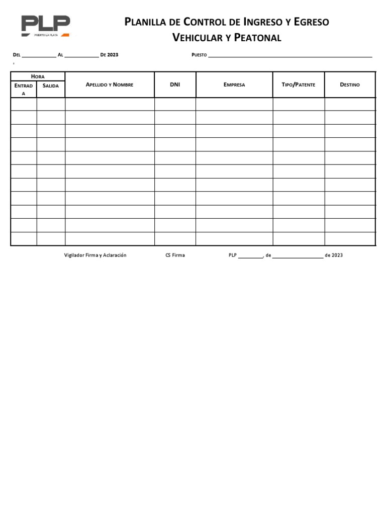 Planilla de Control de Ingreso y Egreso | PDF