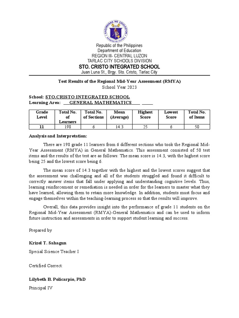 General Mathematics-Test-Results - RMYA | PDF