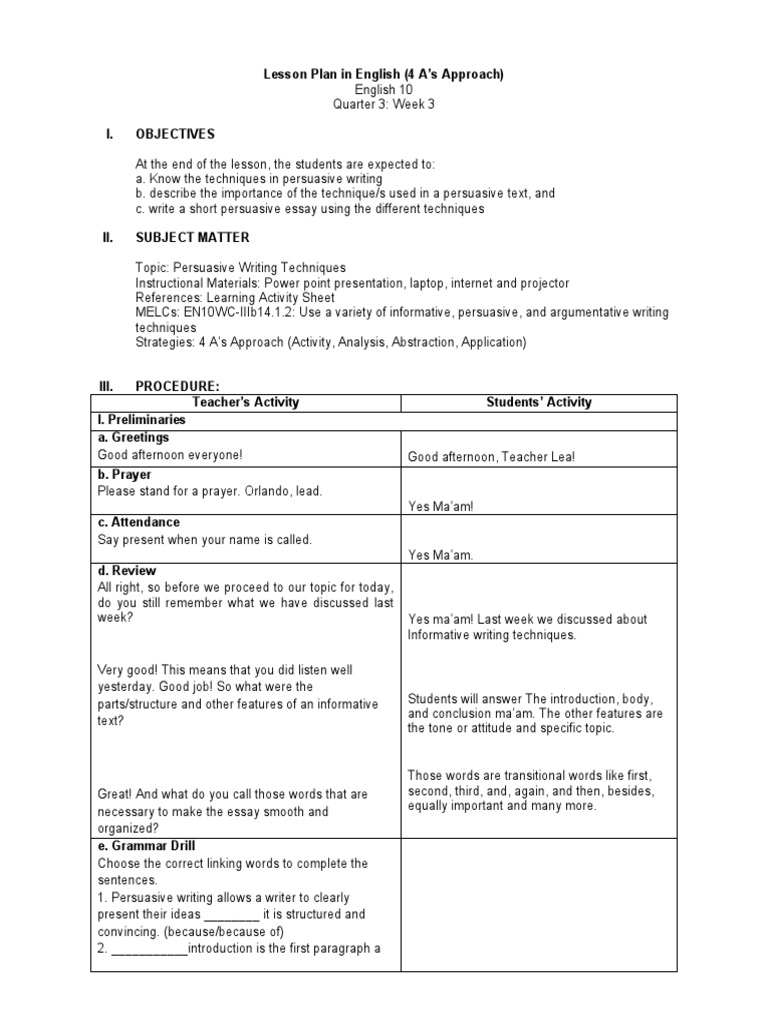 Lesson Plan in English-Grade10Q3W4no3 | PDF | Persuasion | Credibility