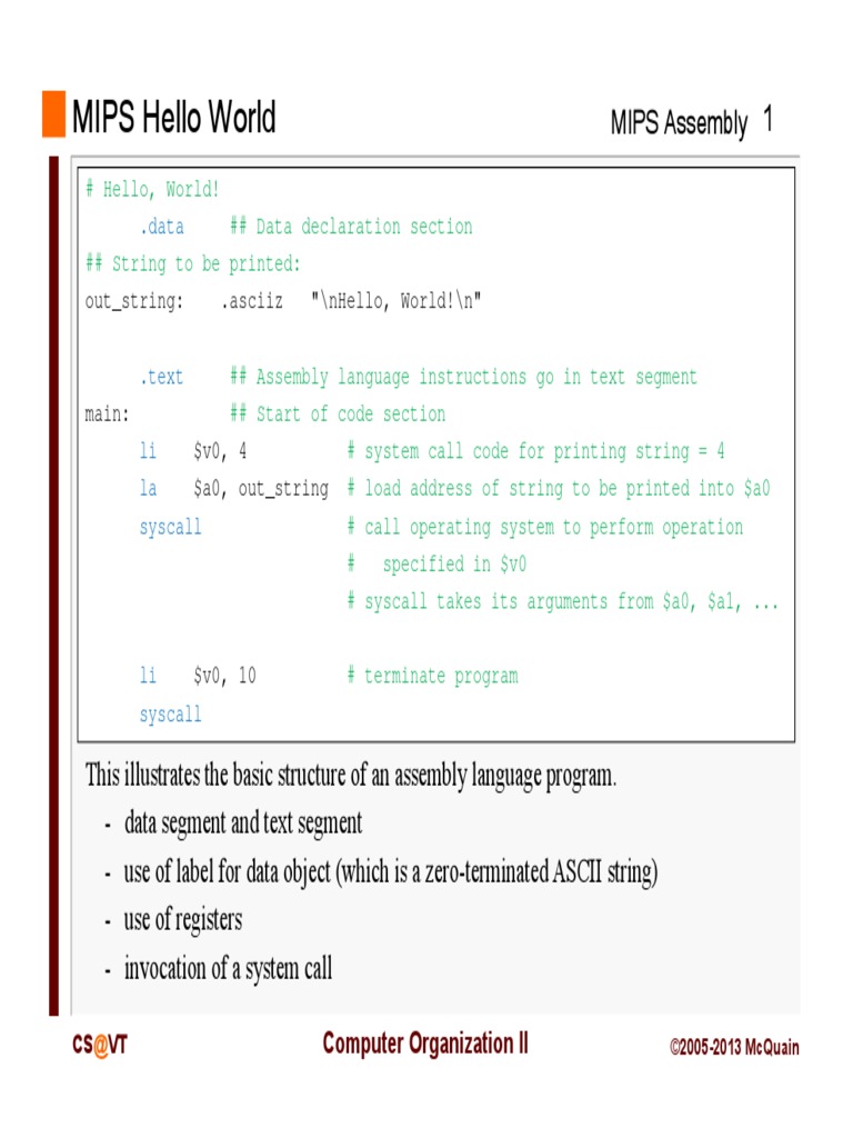 MIPS Hello World | PDF | Pointer (Computer Programming) | Parameter (Computer Programming)