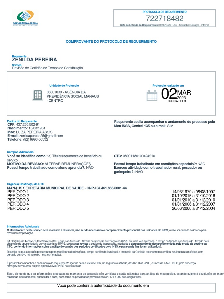 Zenilda Pereira: Comprovante Do Protocolo de Requerimento | PDF