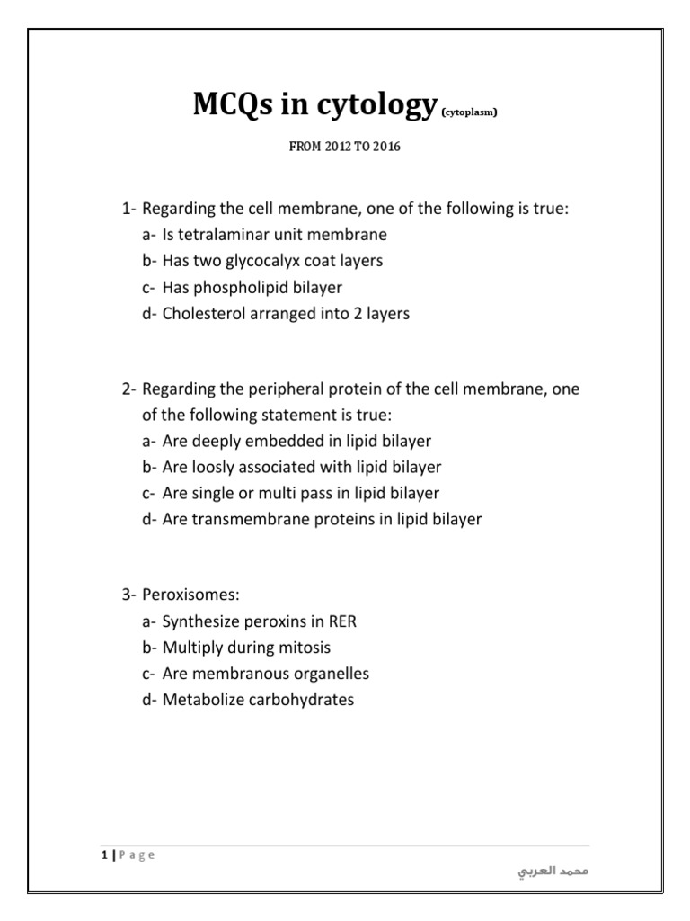 MCQ Cytology 2012-2016 | PDF | Cell (Biology) | Cell Membrane