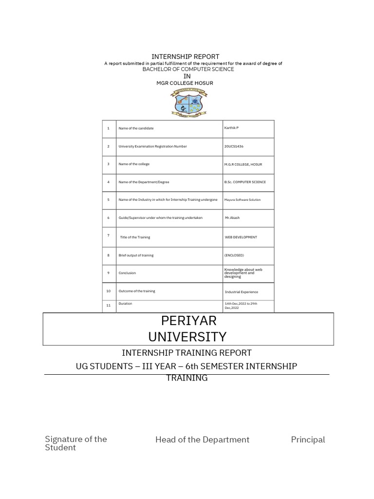 Periyar University: Internship Training Report Ug Students - Iii Year ...